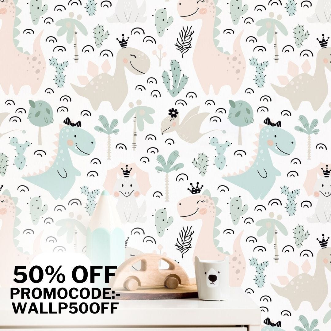 Adorable Dino Art Deco Mural Wallpaper | Dinosaur-Themed Kids Room ...