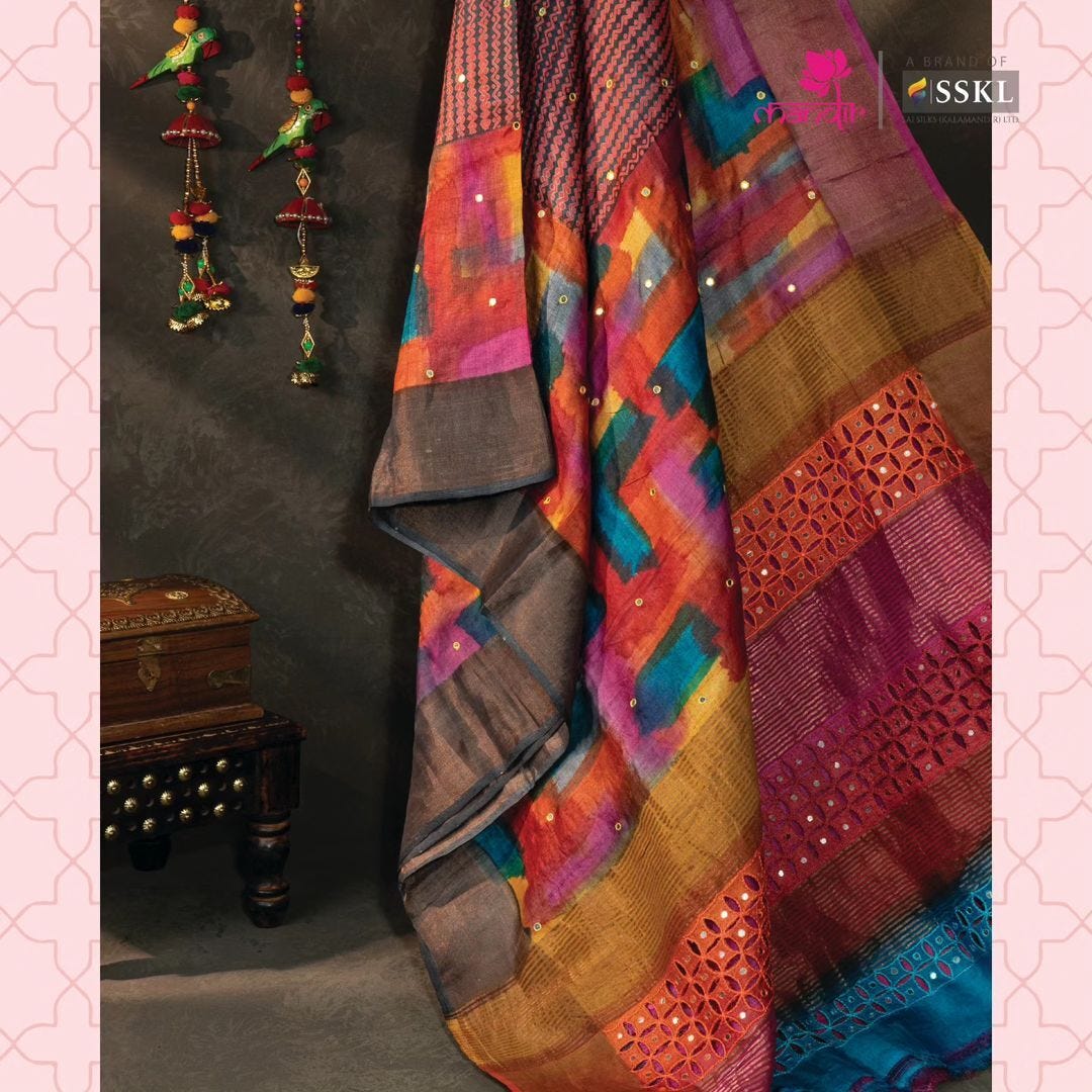 Glamour meets Tradition: Tussar Saree with Exquisite Mirror Embroidery ...