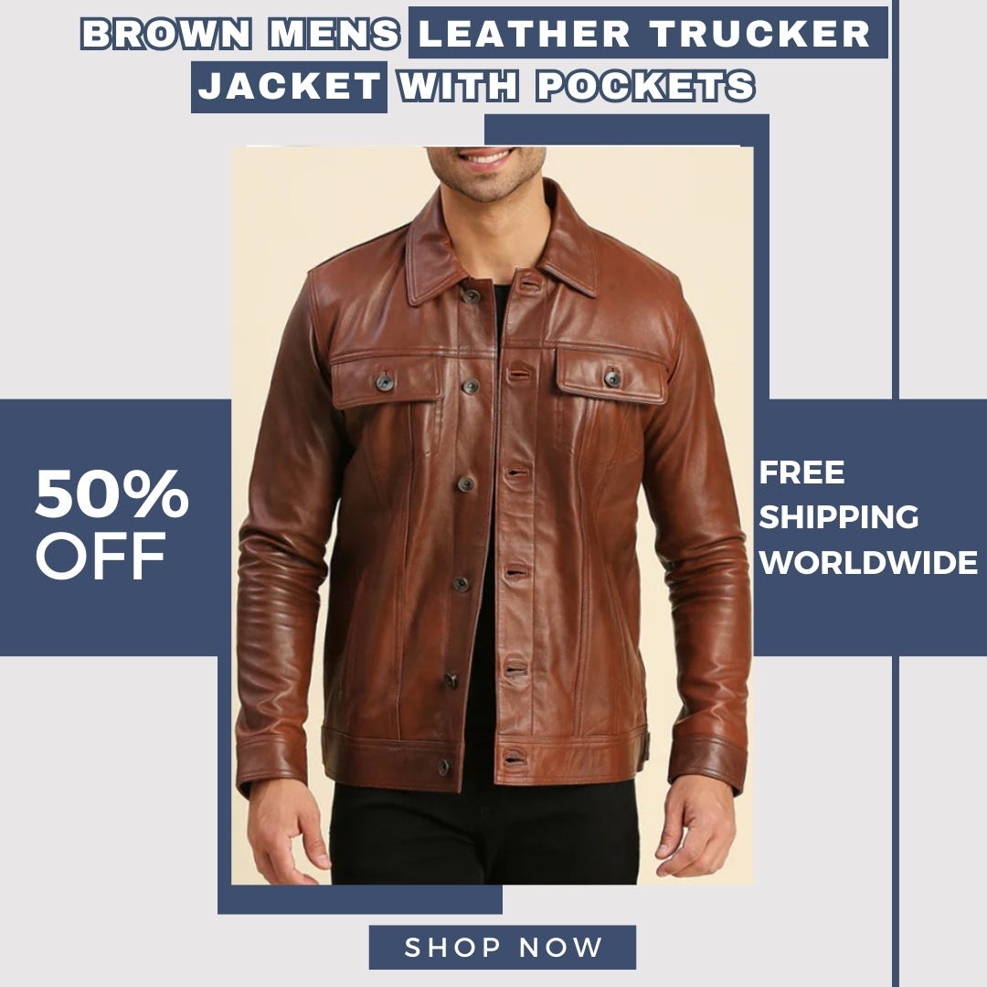 Brown Mens Leather Trucker Jacket With Pockets - Carol Noble - Medium