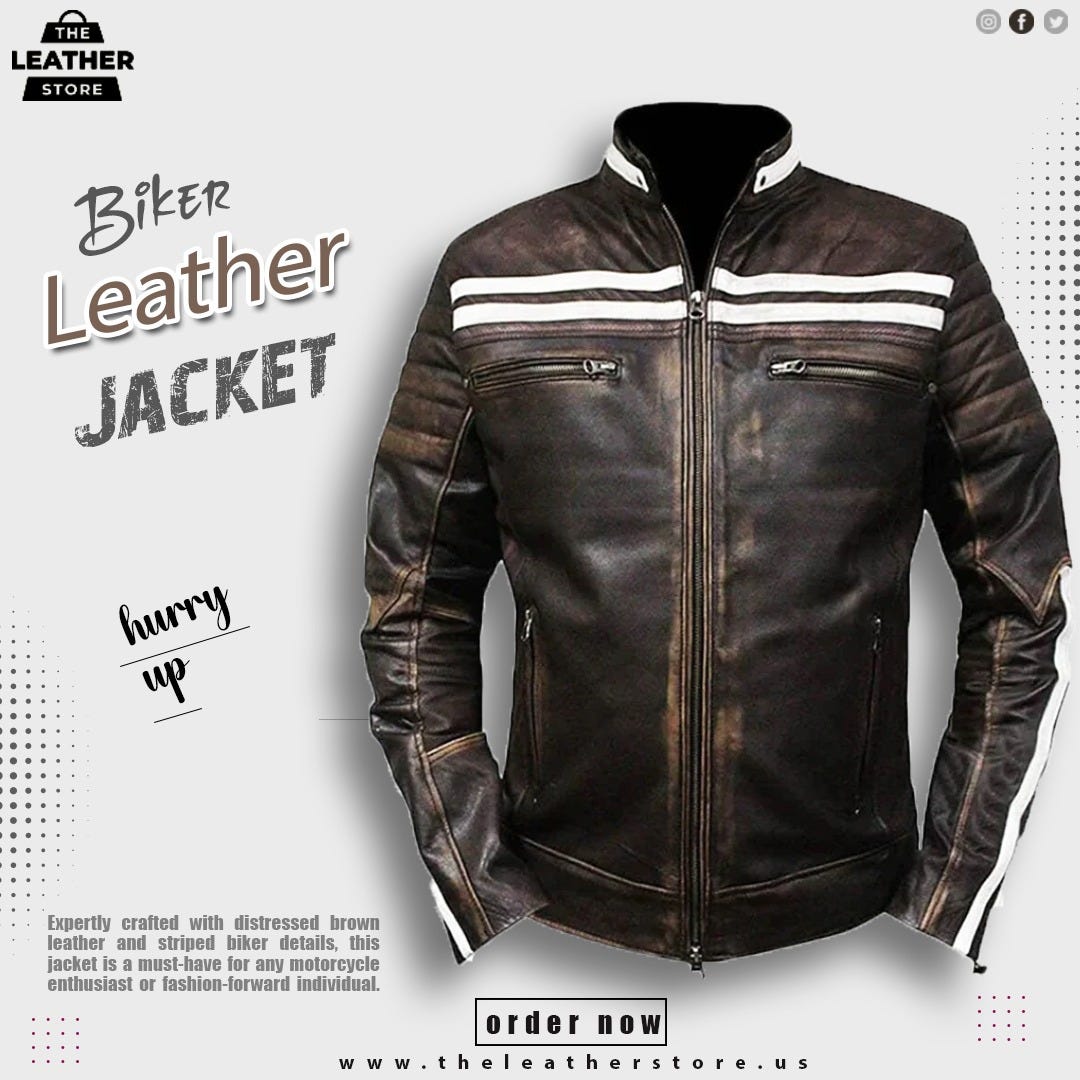 Distressed Brown Striped Biker Leather Jacket - Leatherstore - Medium
