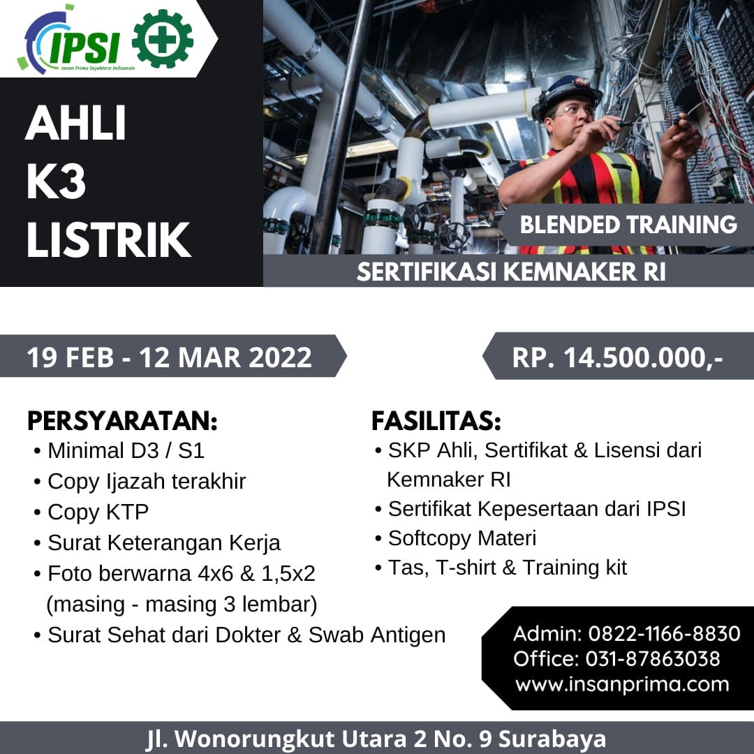 Ahli K3 Listrik TERAMANAH, WA (0822–1166–8830), PUSAT PELATIHAN K3 KEMNAKER SURABAYA Klik https ...