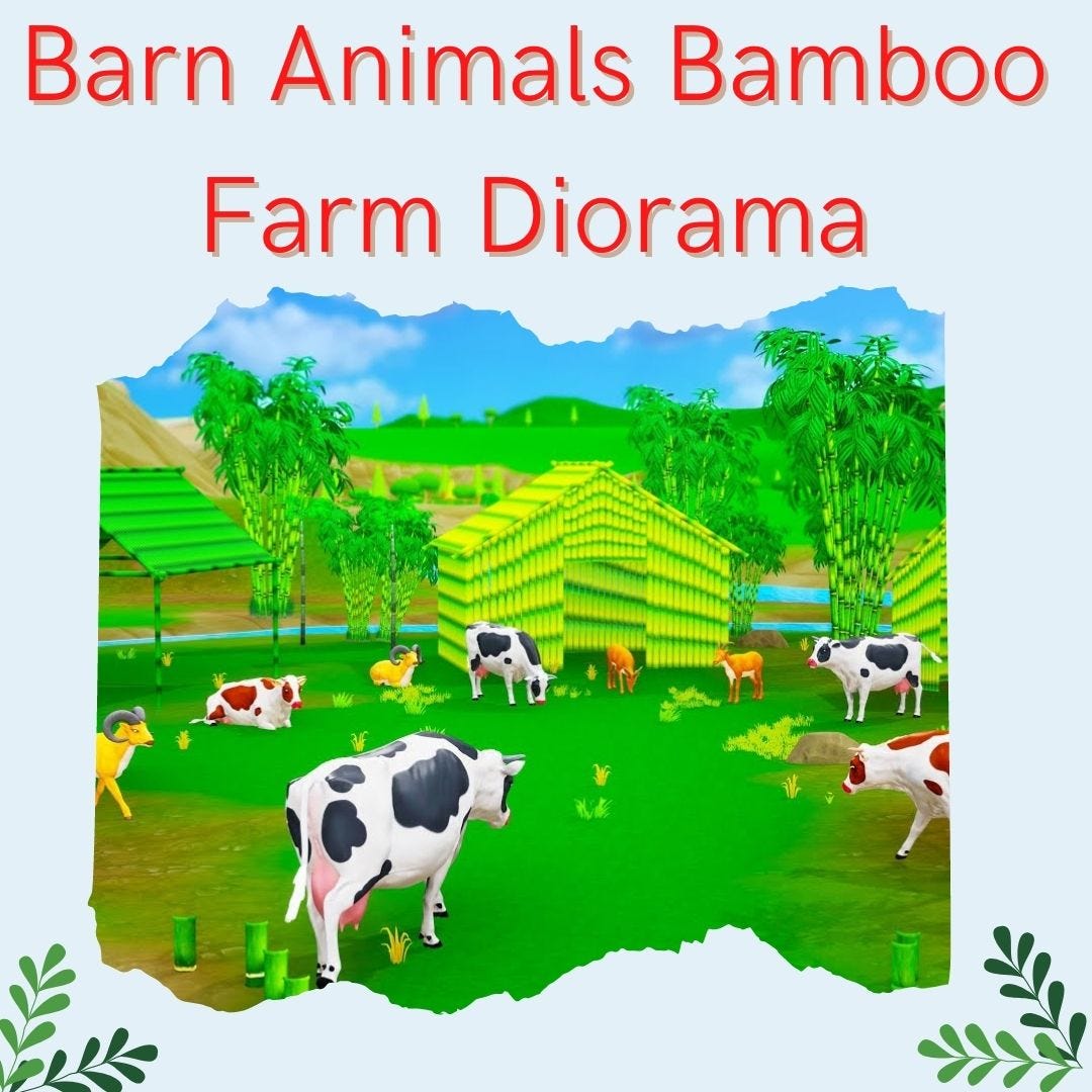 Barn Animals Bamboo Farm Diorama — Cows, Sheep | Fox Attacks Animals 3D ...