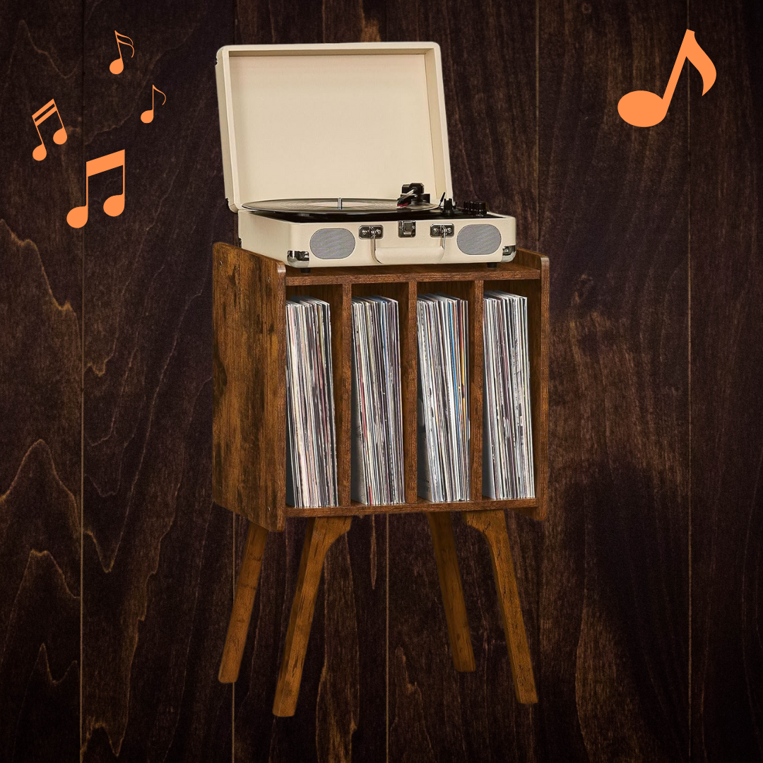 Lerliuo Dark Wood Record Player Stand with Storage | Medium