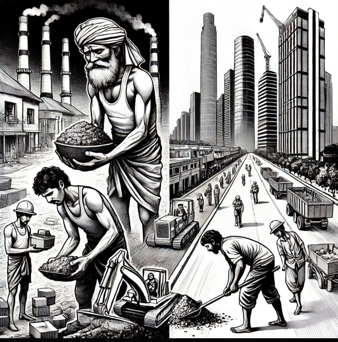 As I watch the laborers work tirelessly under the scorching sun today ...
