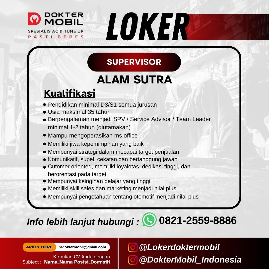 Loker Supervisor Teknisi Alam Sutera Terbaru - Karir Dokter Mobil - Medium