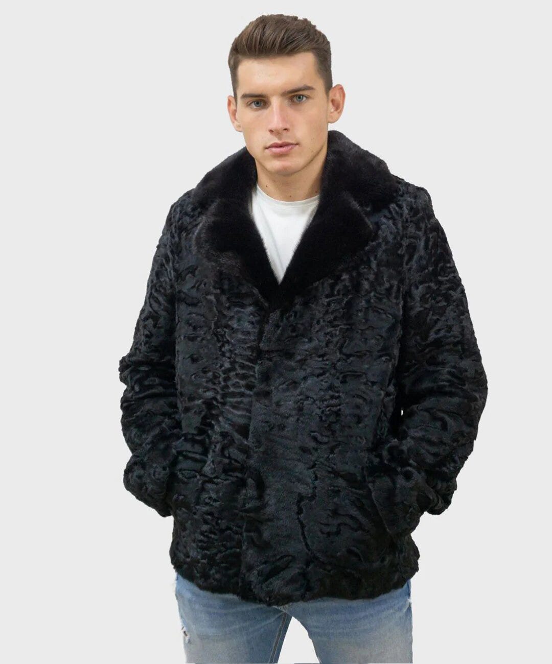 Men’s Black Astrakhan Fur Jacket With Mink Fur Collar | by Juliano Furs ...
