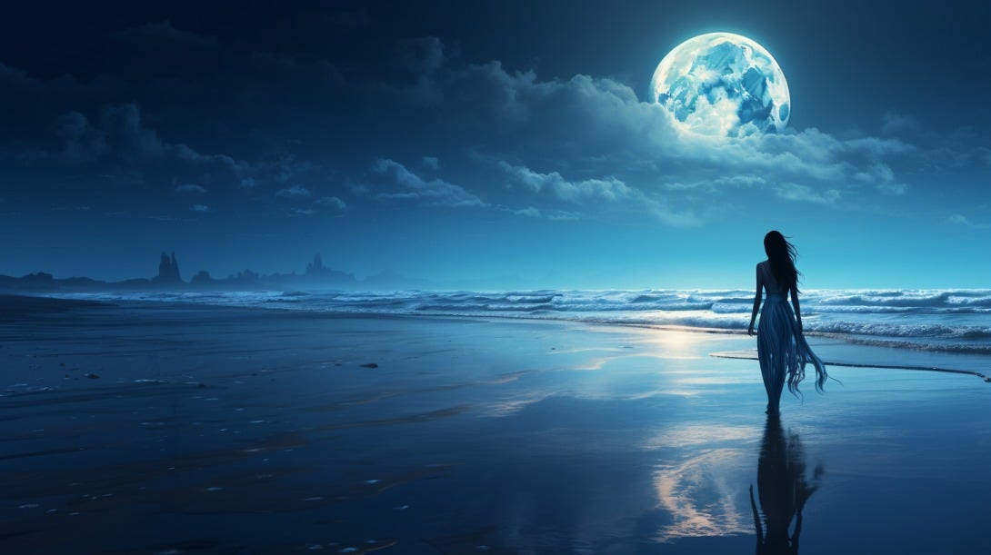 The Two Moons In Sky Over The Beach