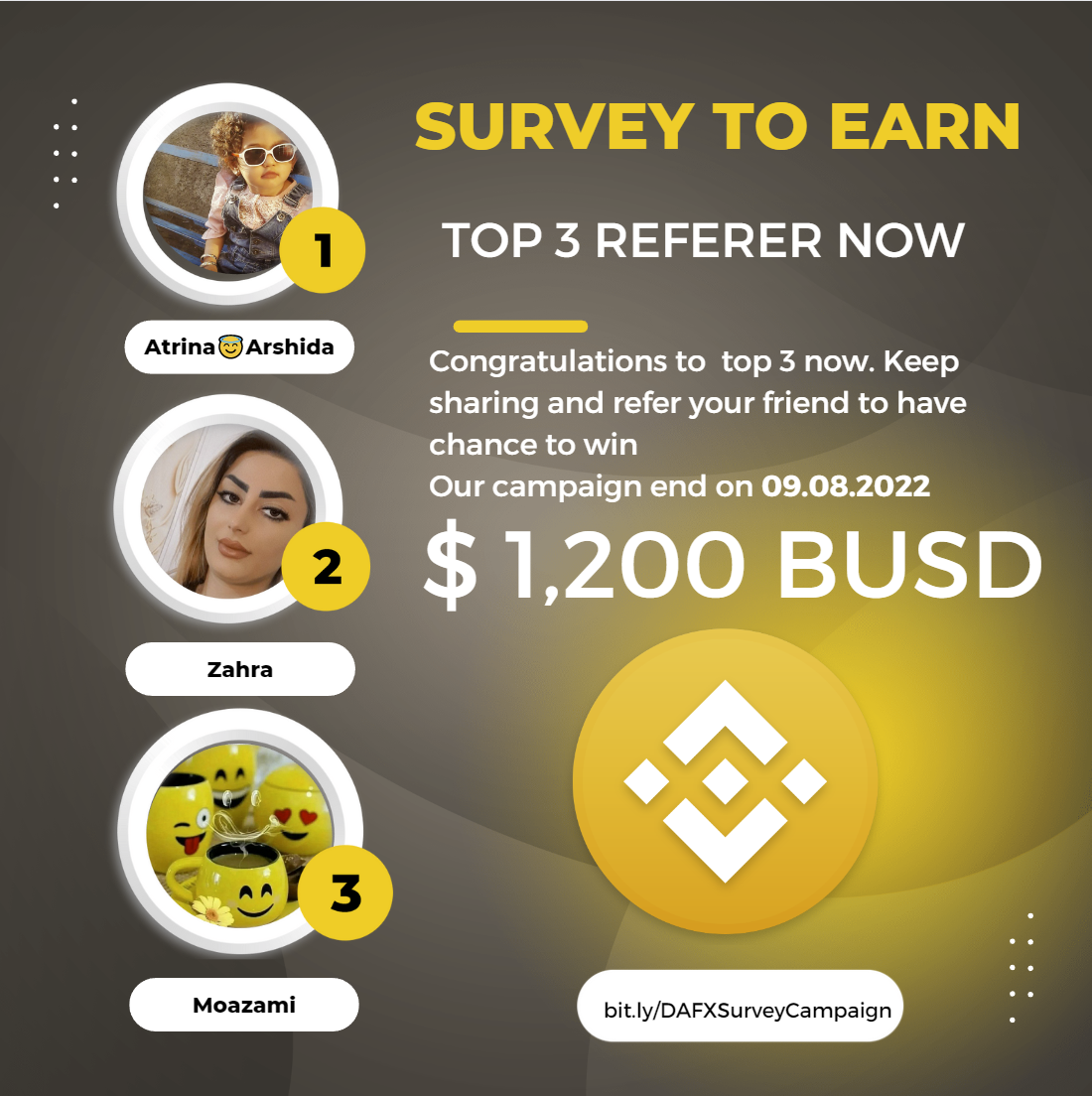 DAFX SURVEY TO EARN — Top 3 Referrer now Do not forget to share and join our campaign to win ...