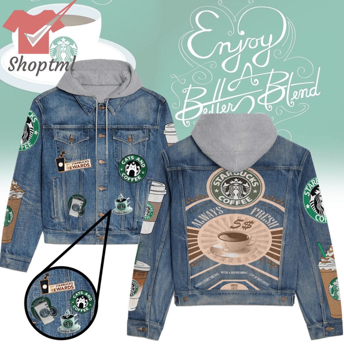 Sip in Style: Starbucks Rewards Cat and Coffee Hooded Denim Jacket | by ...