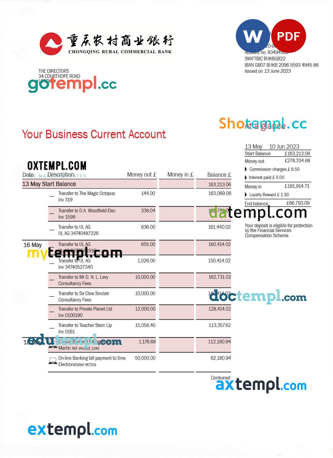 Chongqing Rural Commercial Bank firm account statement Word and PDF ...
