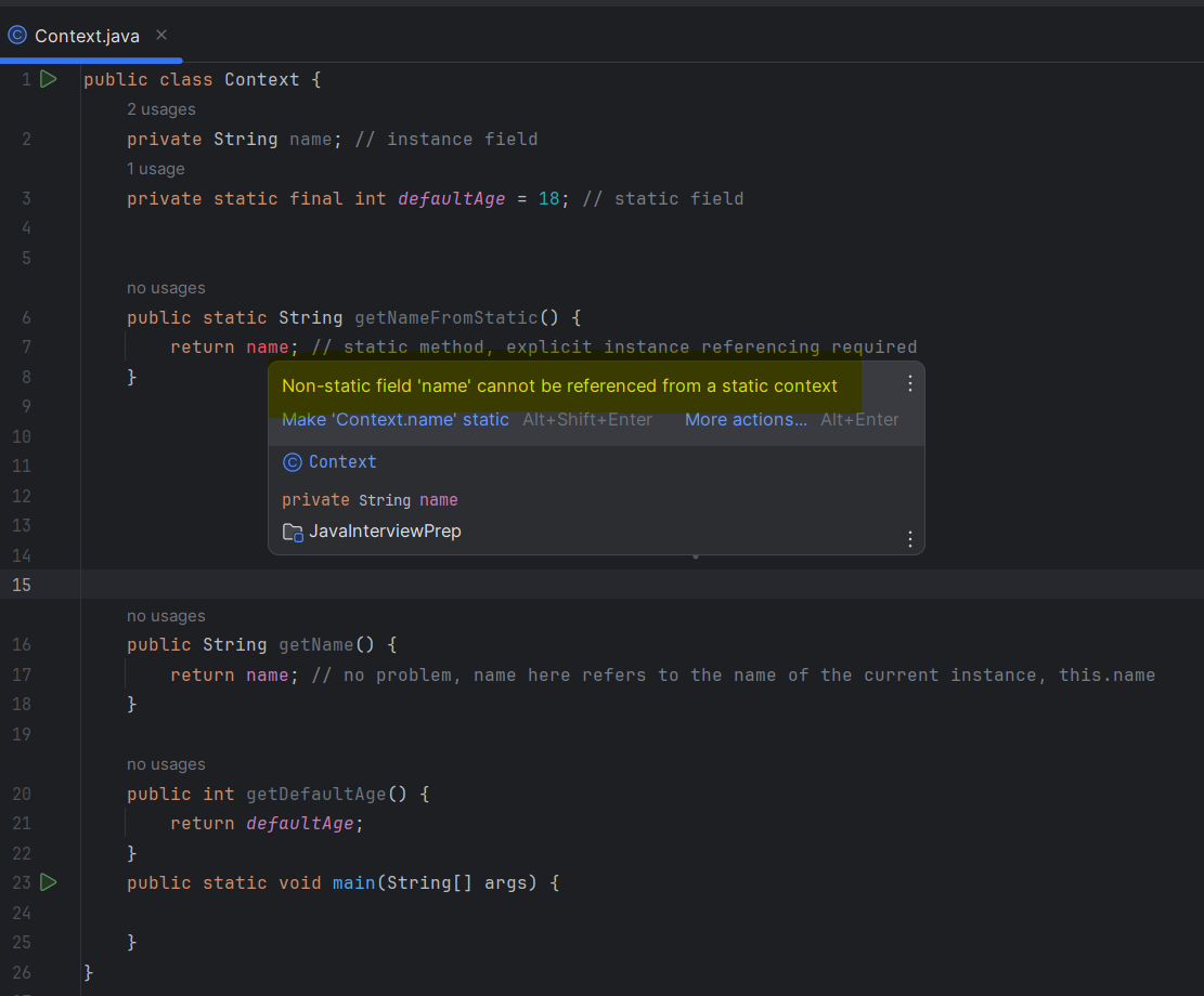 Non-static field ‘…’ cannot be referenced from a static context — What is Really Happening Under ...