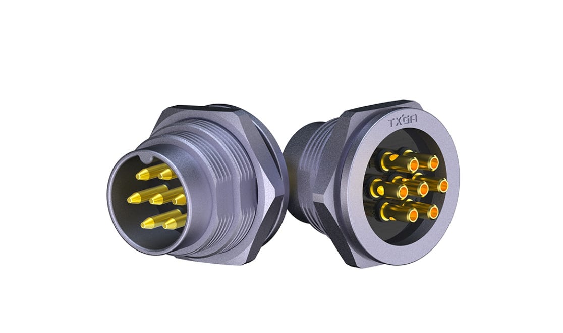 M16 circular connector, M16X0.75 socket, 7 positions, pin, 180° vertical, solder, shielded. The ...