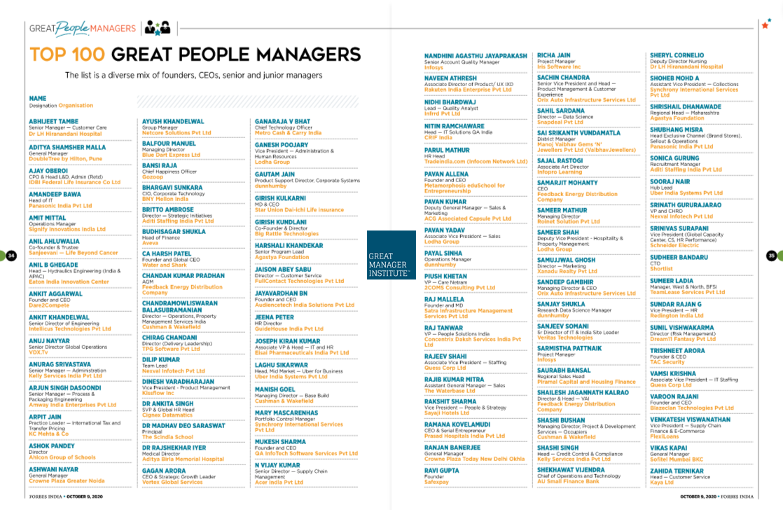GMI & Forbes India release the list of Top 100 Great People Managers ...