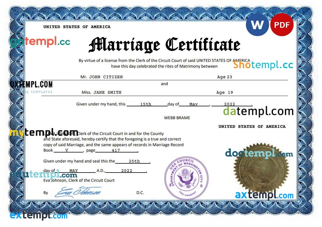 USA marriage certificate Word and PDF template, completely editable | by Doctempl | Jun, 2024 ...