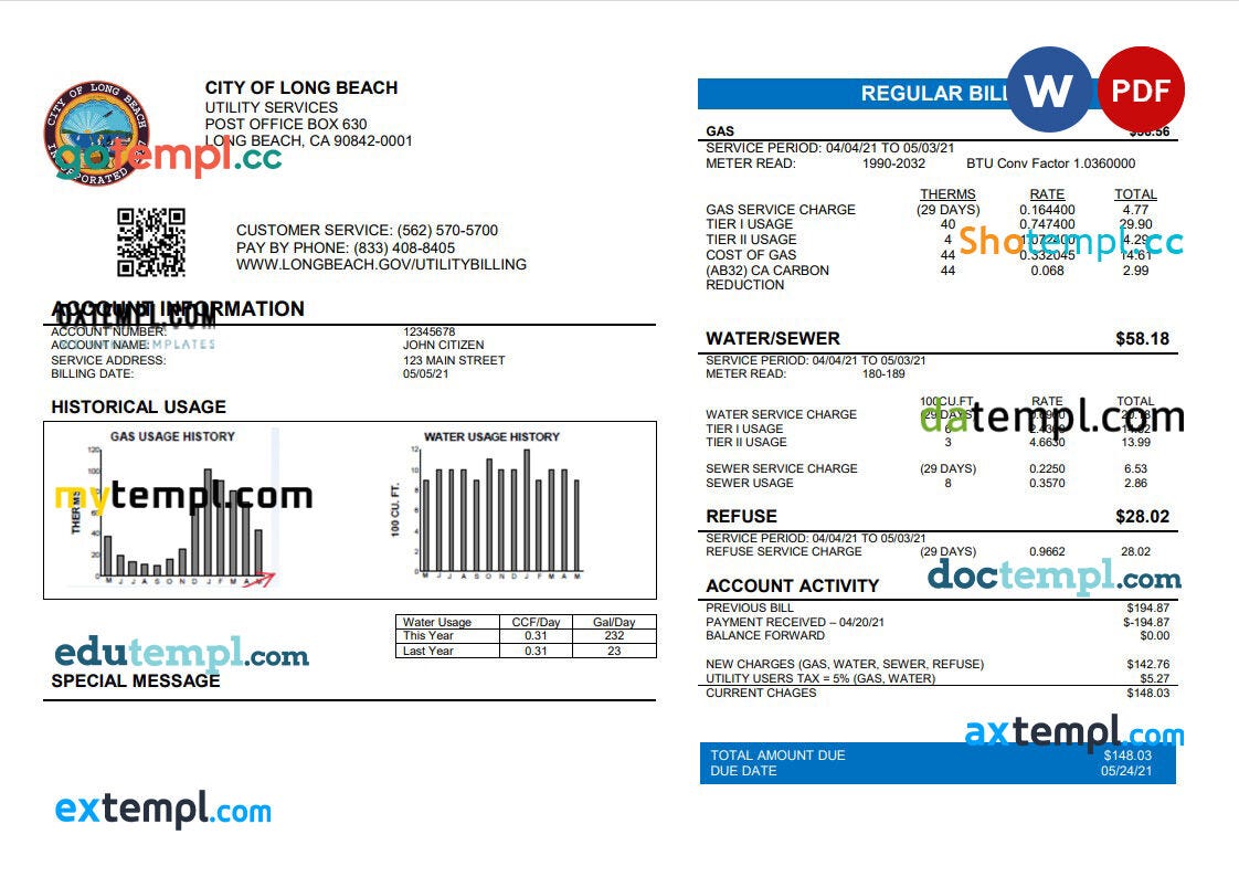 USA City of Long Beach utility bill, PDF and Word download template ...