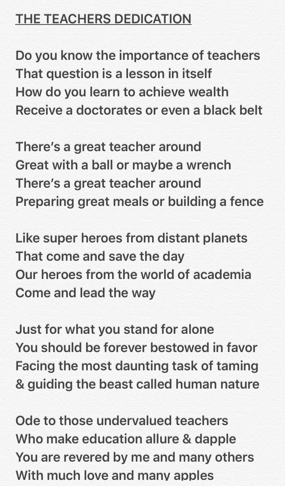 The Teachers Dedication poem is intended to send cheer and appreciation ...