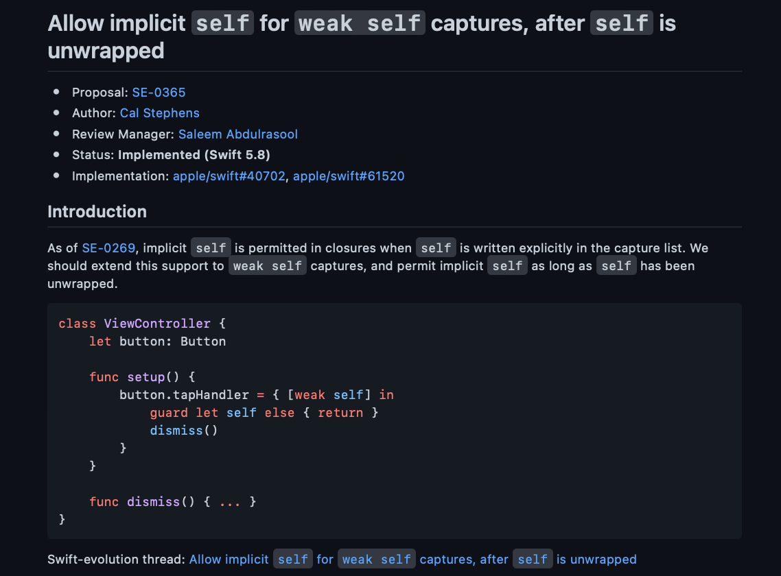 Allow implicit self for weak self captures, after self is unwrapped — SE-0365 | by 彼得潘的 iOS App ...