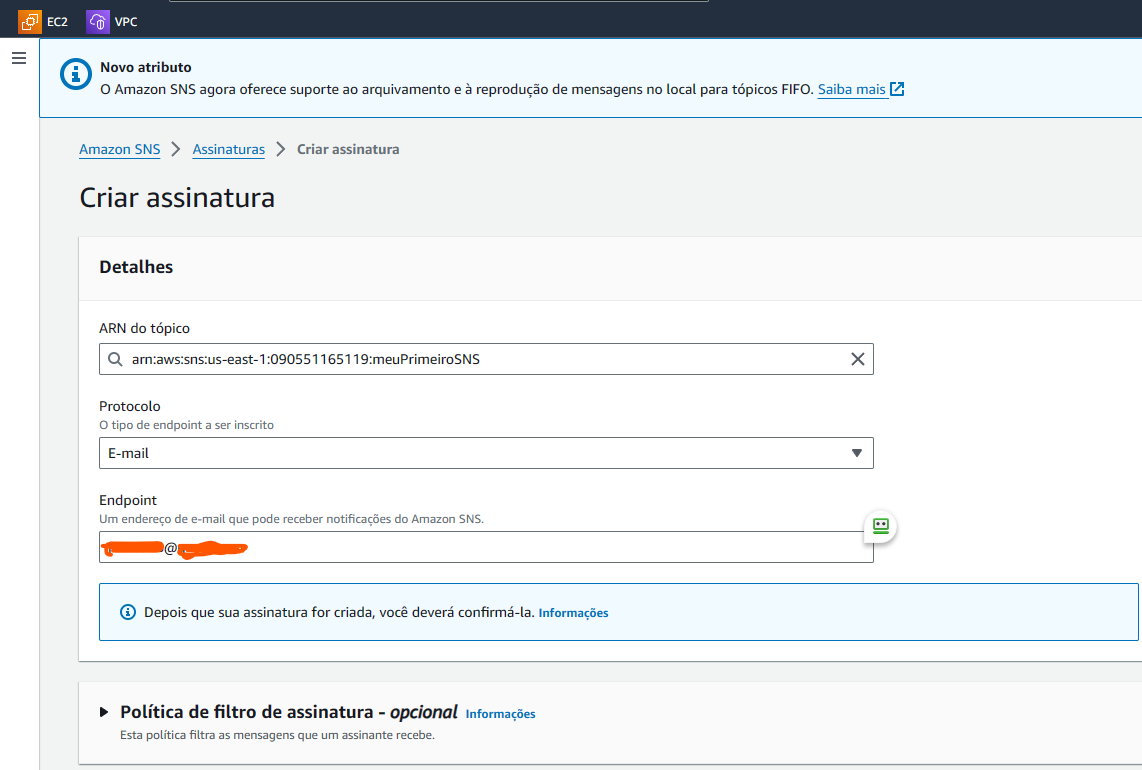 Amazon SNS — Criando um tópico de notificação por e-mail e Amazon API ...