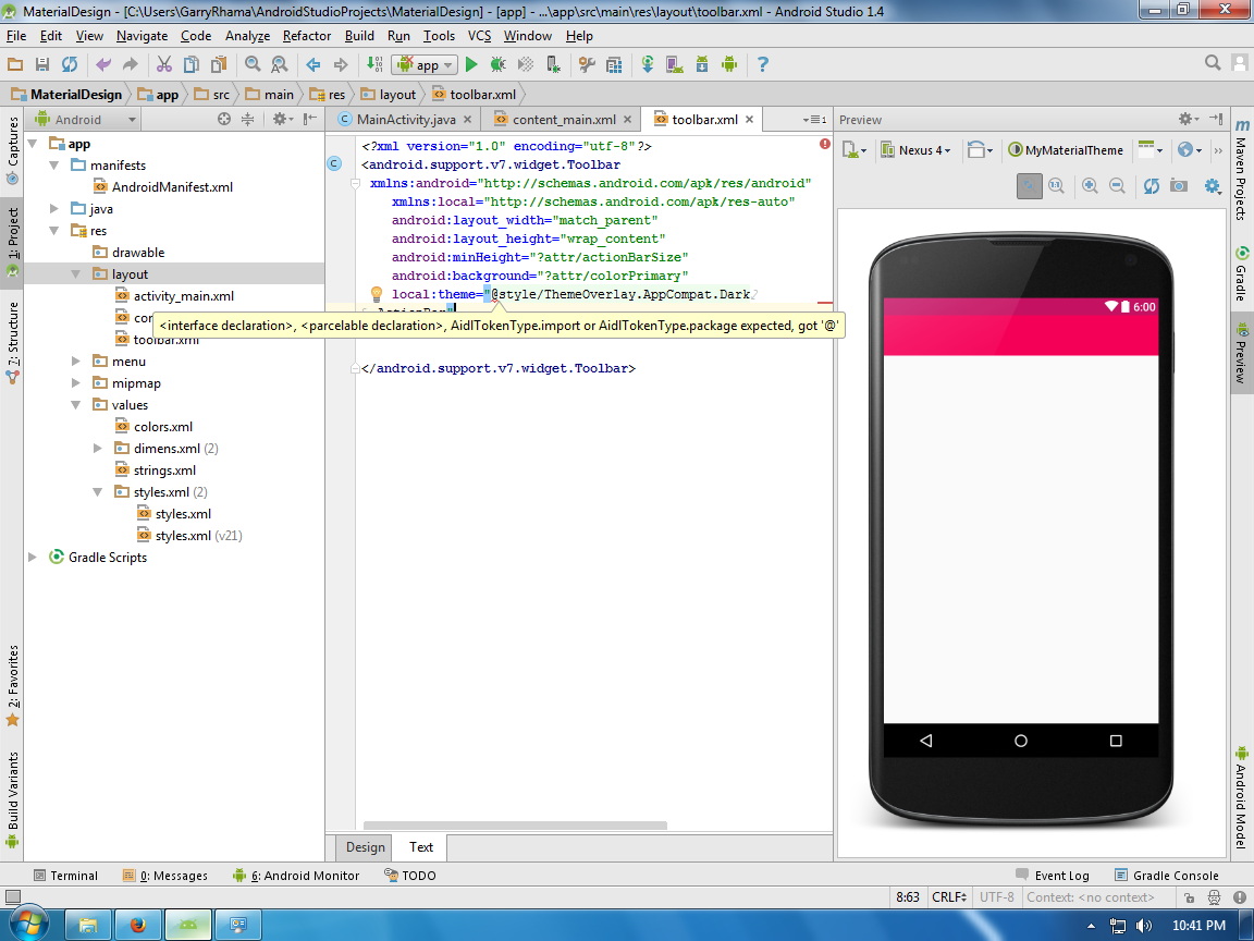 Android Studio 1.4 Error: AidlTokenType.import or AidlTokenType.package ...
