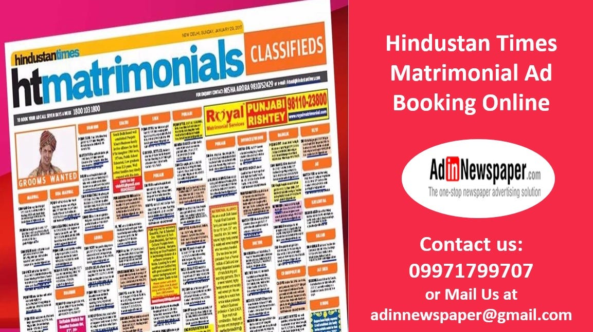 BOOK HINDUSTAN TIMES MATRIMONIAL CLASSIFIED ADVERTISEMENT VIA ONLINE ...