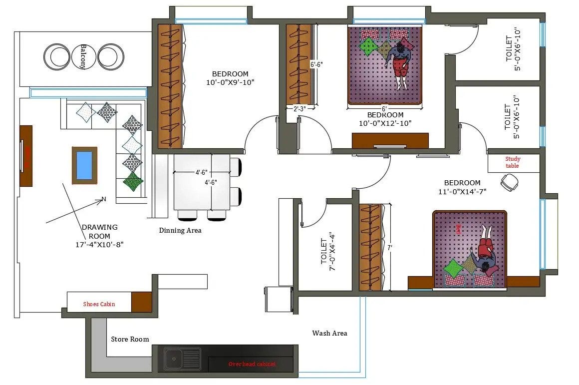 2D CAD Drawing 2bhk House Plan With Furniture Layout Design Autocad File; this is the 2bhk house ...