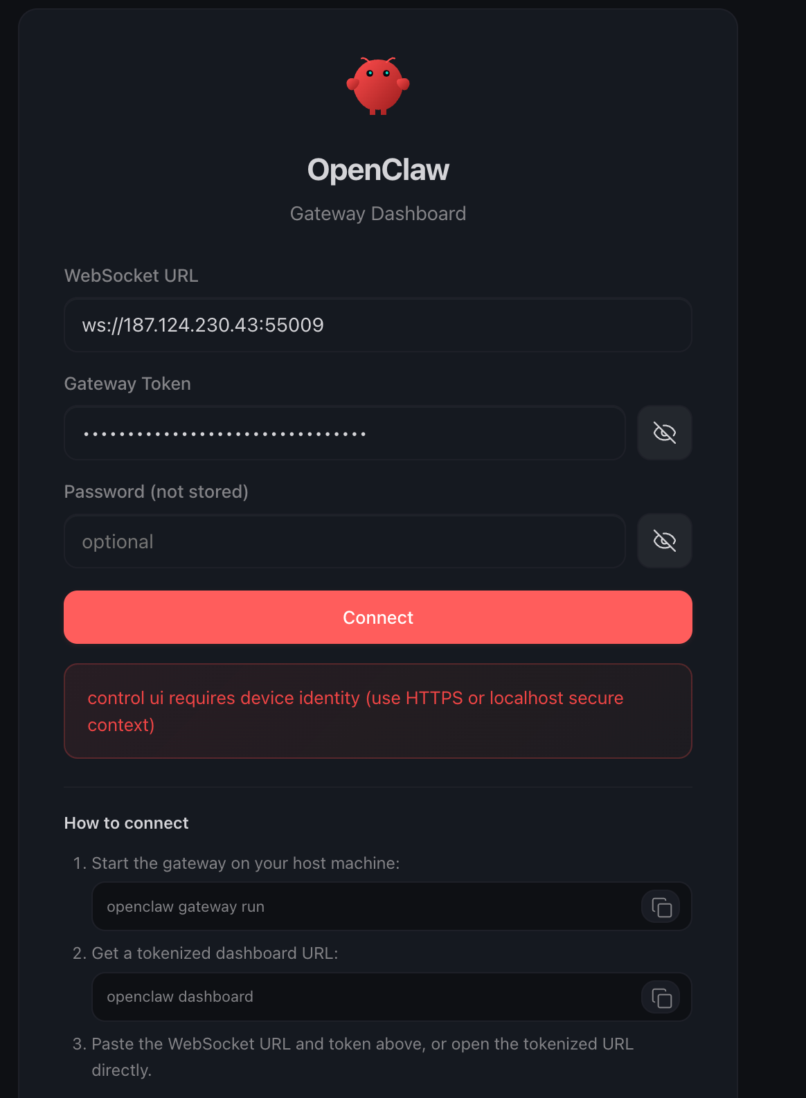 OpenClaw Error -control ui requires device identity (use https or ...