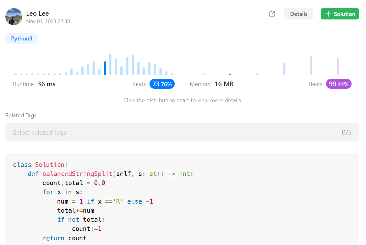 leecode ex73. 1221. Split a String in Balanced… | by leoBlackTea | Medium