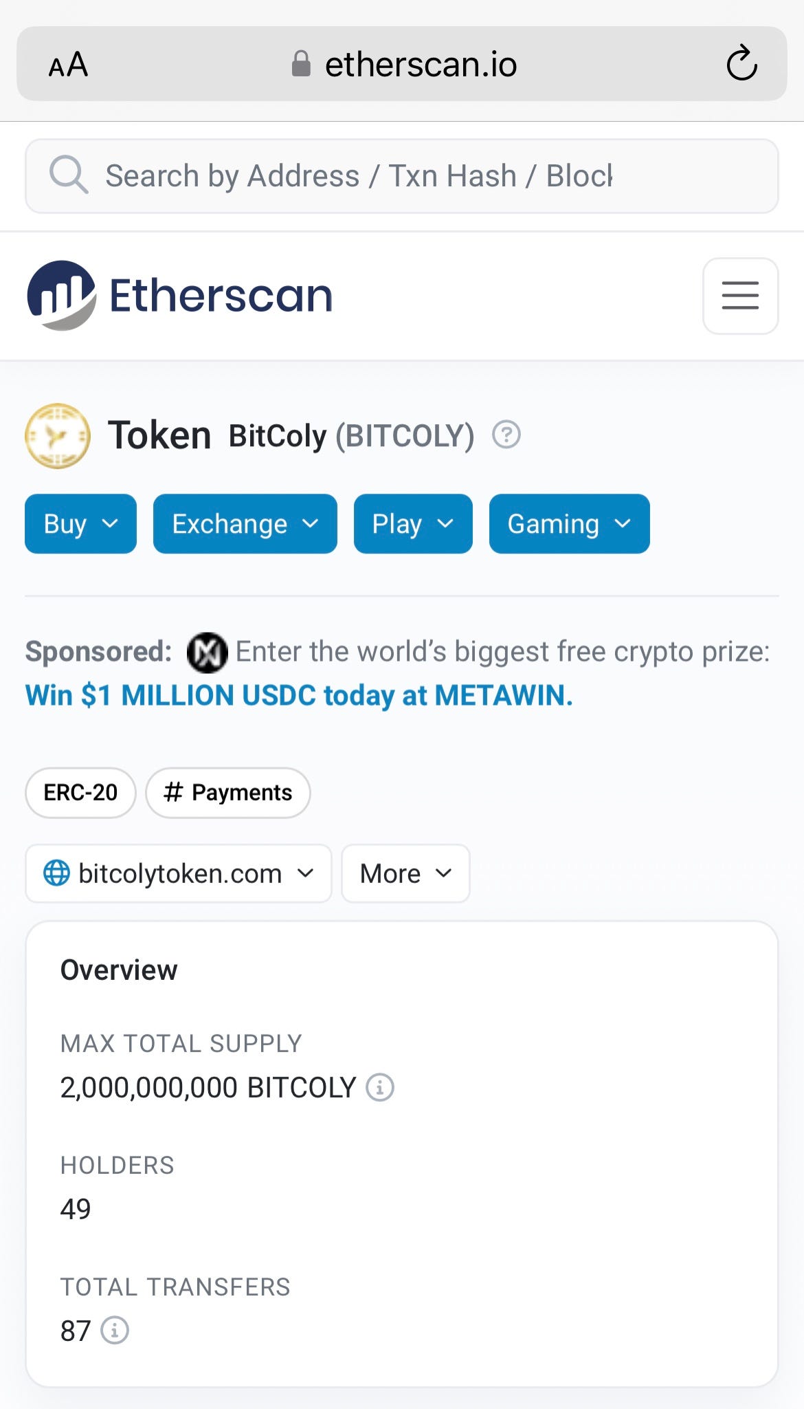 Token Information Accepted And Updated By Etherscan 📍 Bitcoly Token 0436