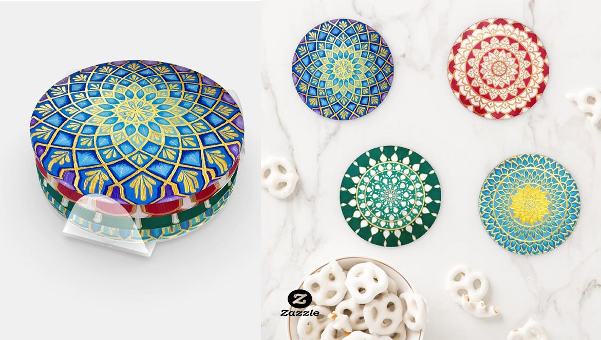 Sunfreestar Colorful Elegant Gold Mandala Coaster Set | by Azzala Art ...