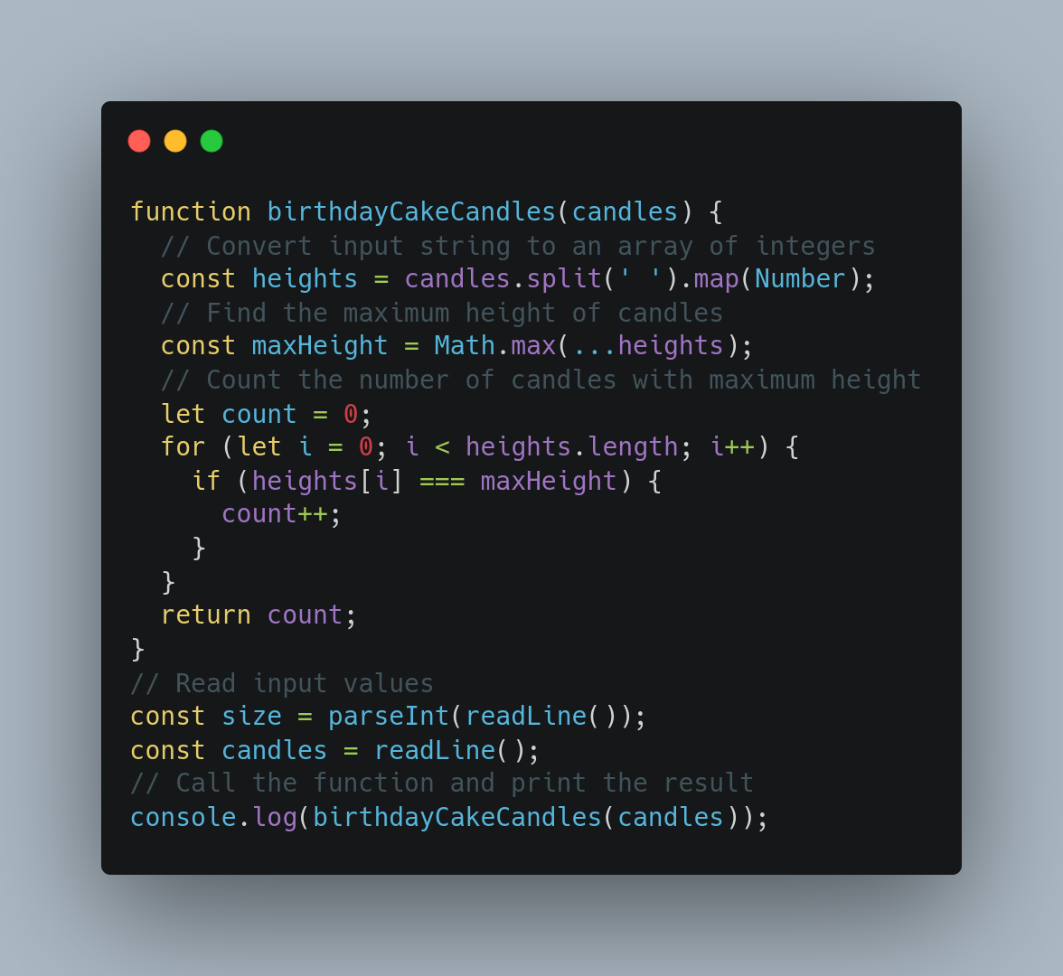 Solving the Birthday Cake Candles Problem using JavaScript | by Batahumphrey | Medium