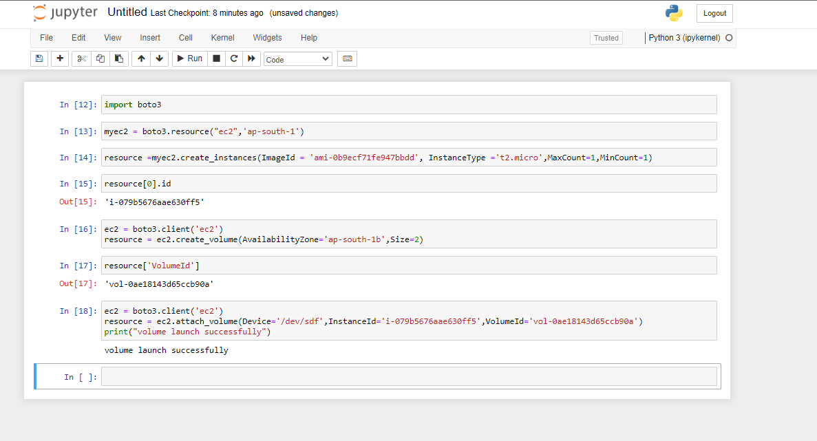 Certainly! 🚀 Here’s an example of how you can launch an EC2 instance, create an EBS volume, and ...