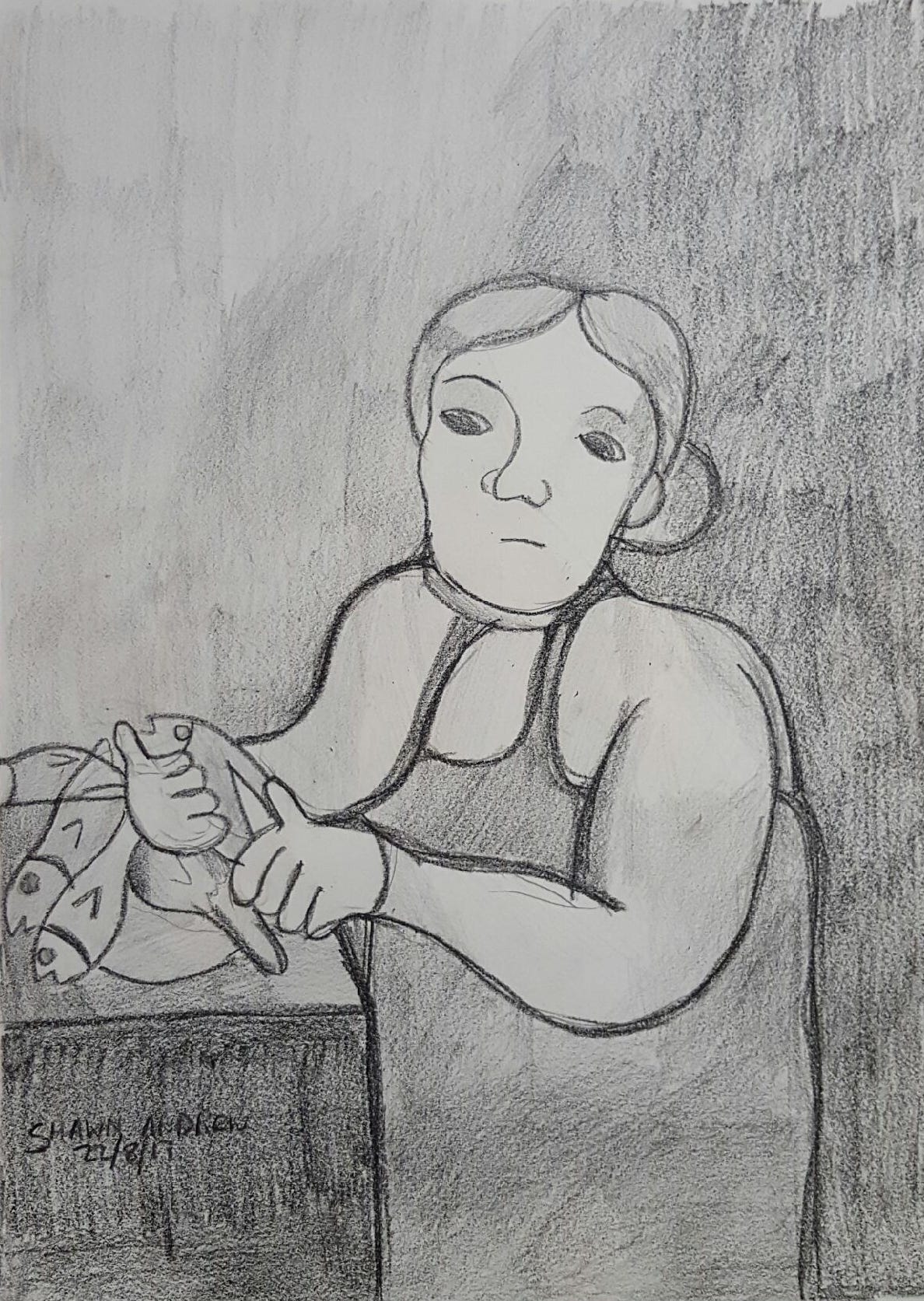 The fishmonger — Lumocolor crayon pencil and lead pencil drawing on ...