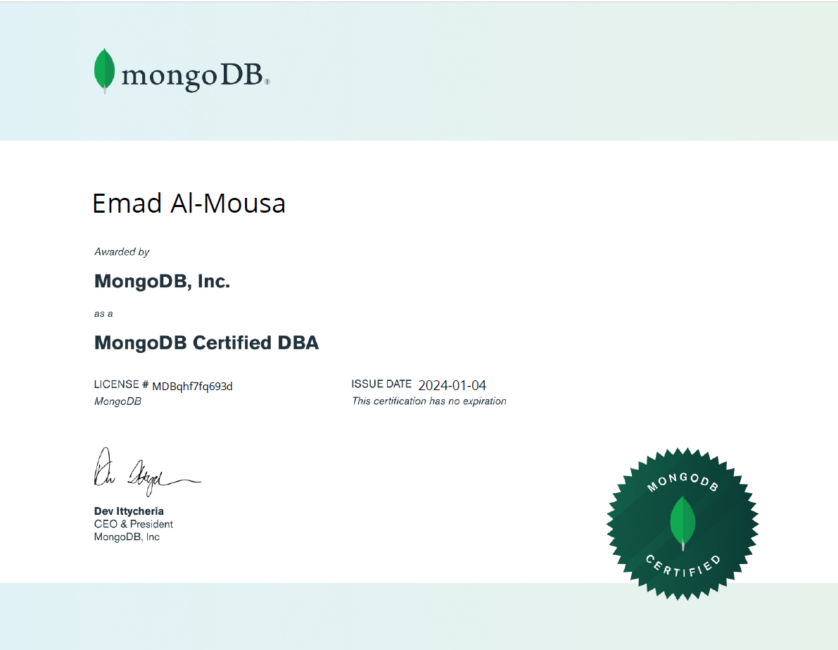 MongoDB Certified DBA - Emad Al-Mousa - Medium