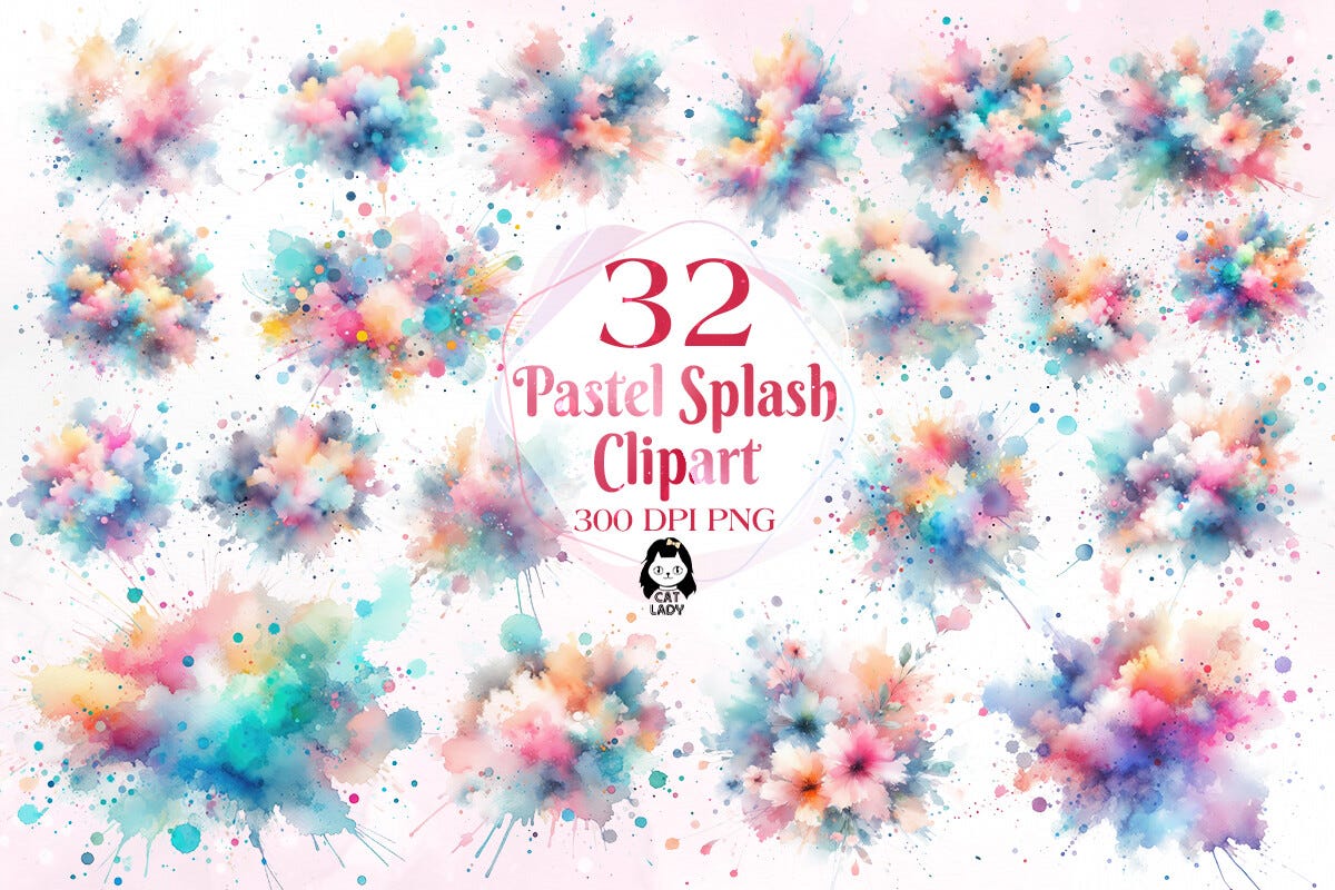 32 Pastel Splash Watercolor Bundle (Printable Illustrations) | by ...