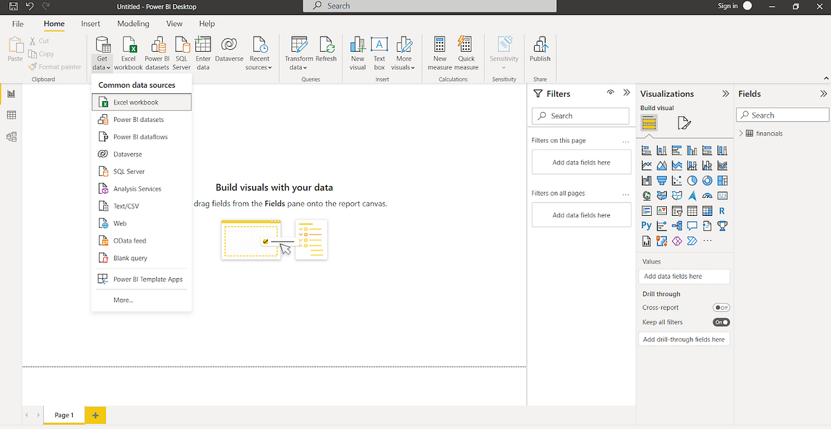 Quick start using Power BI. Power BI Desktop - Home and Insert Tabs ...