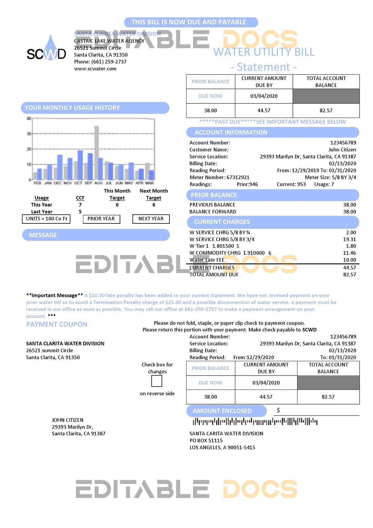 USA California Santa Clarita Water Division (SCWD) utility bill ...