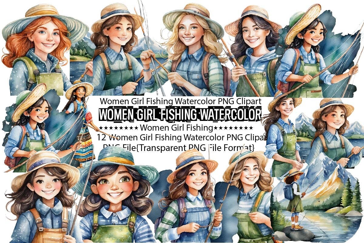 Women Girl Fishing Watercolor Sublimatio Free Download | by ...