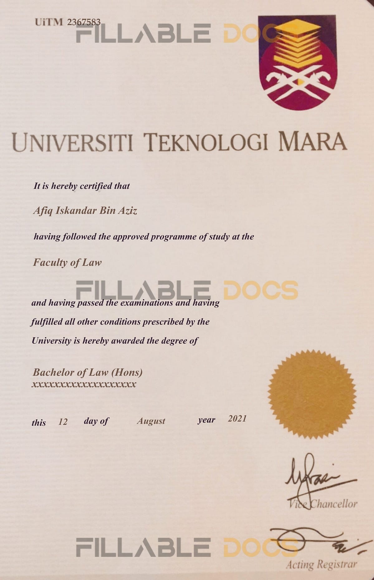 Fake Certificate from University Teknologi MARA Template - Fillabledocs ...
