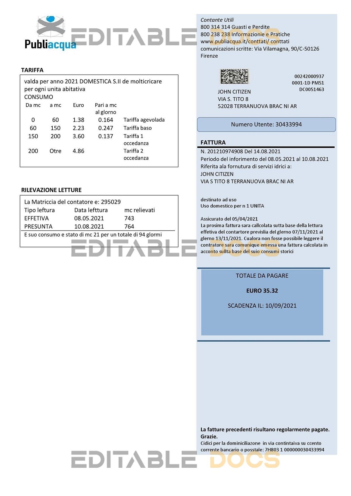 Italy Publiacqua utility bill template in Word and PDF format ...