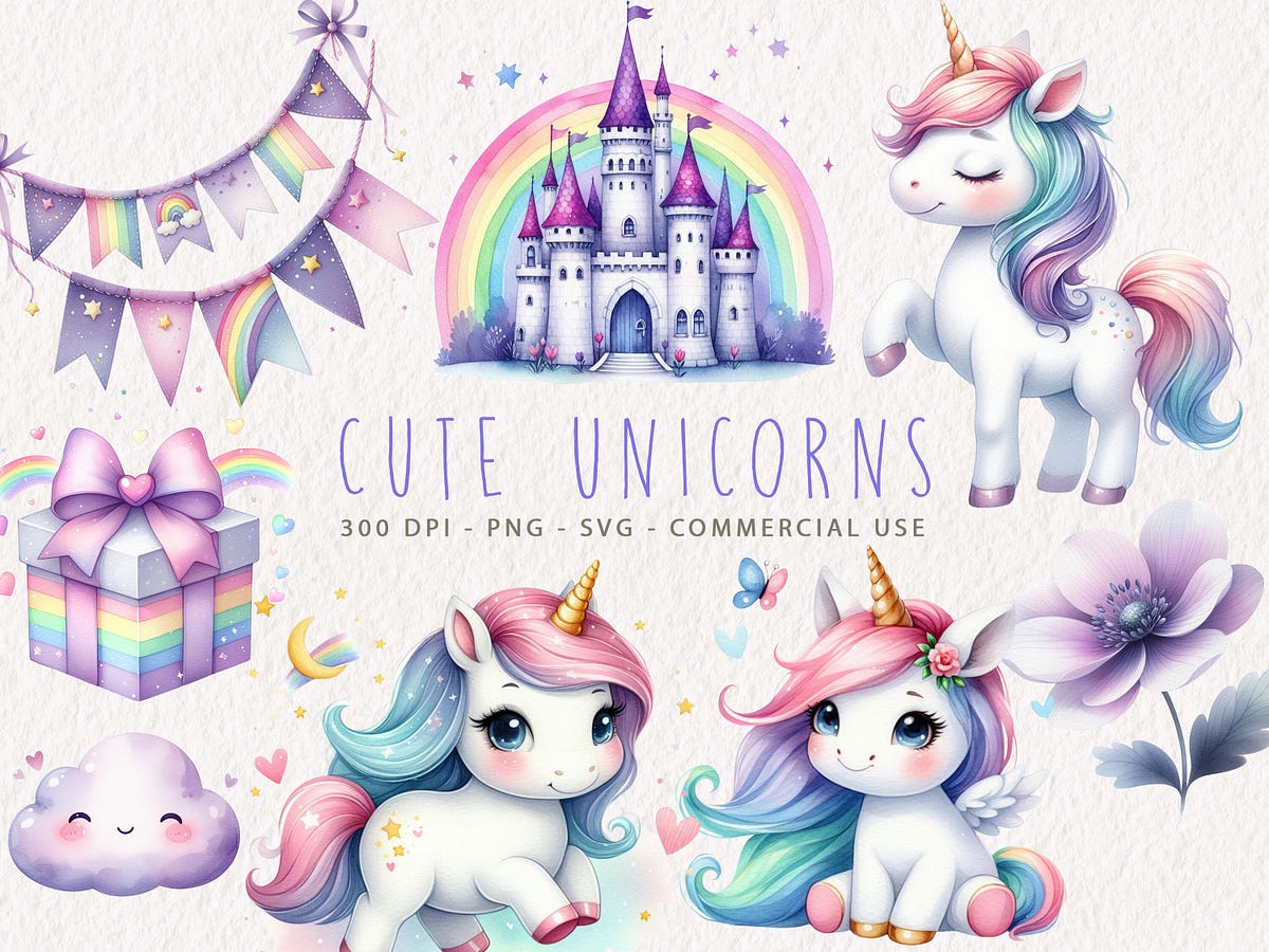 Watercolor Cute Unicorn Clipart Bundle | by Bytebelle | Medium