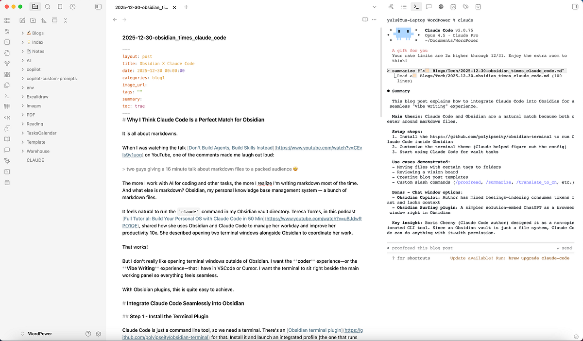Obsidian X Claude Code — A Seamless Vibe Writing Experience | by Yu Lu ...