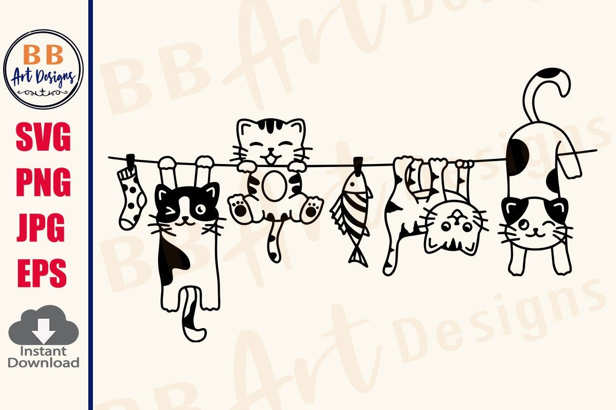 Hanging Cats SVG, Cute Funny Cat Laundry (Unique Print Mock-ups) | by ...