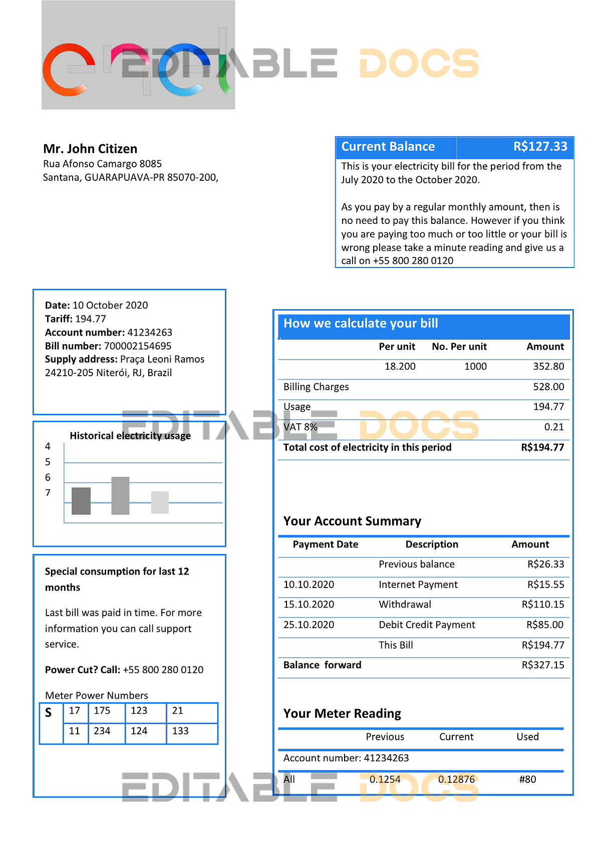 Brazil ENEL electricity utility bill template in Word and PDF format ...