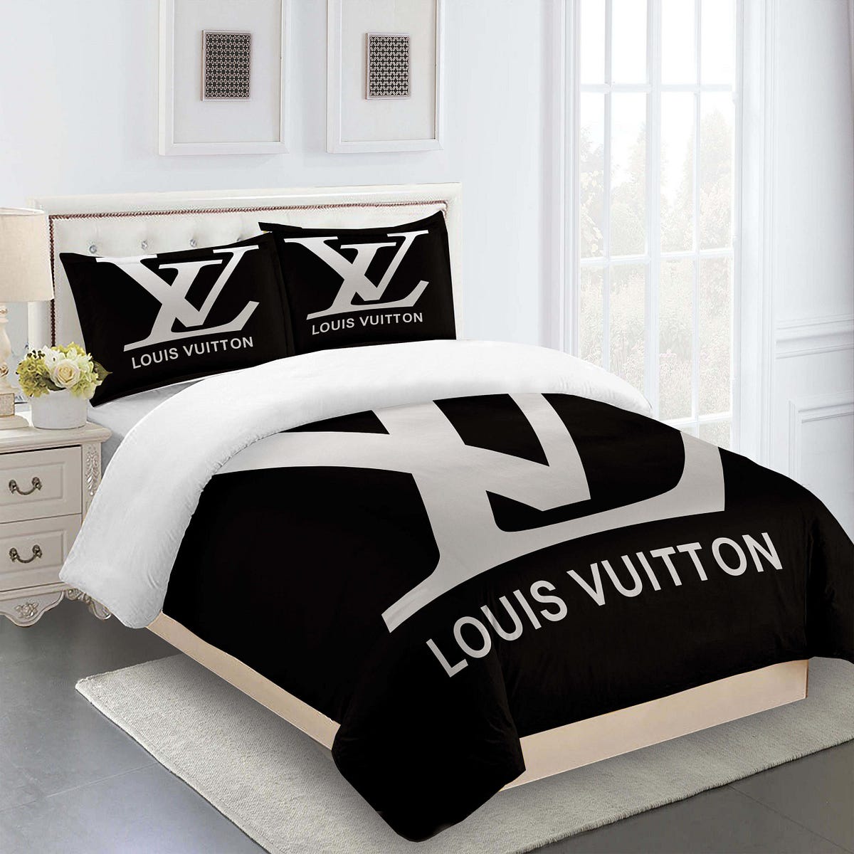 Incredible Golden Black Louis Vuitton Logo Luxury Fashion Brand Bedding ...