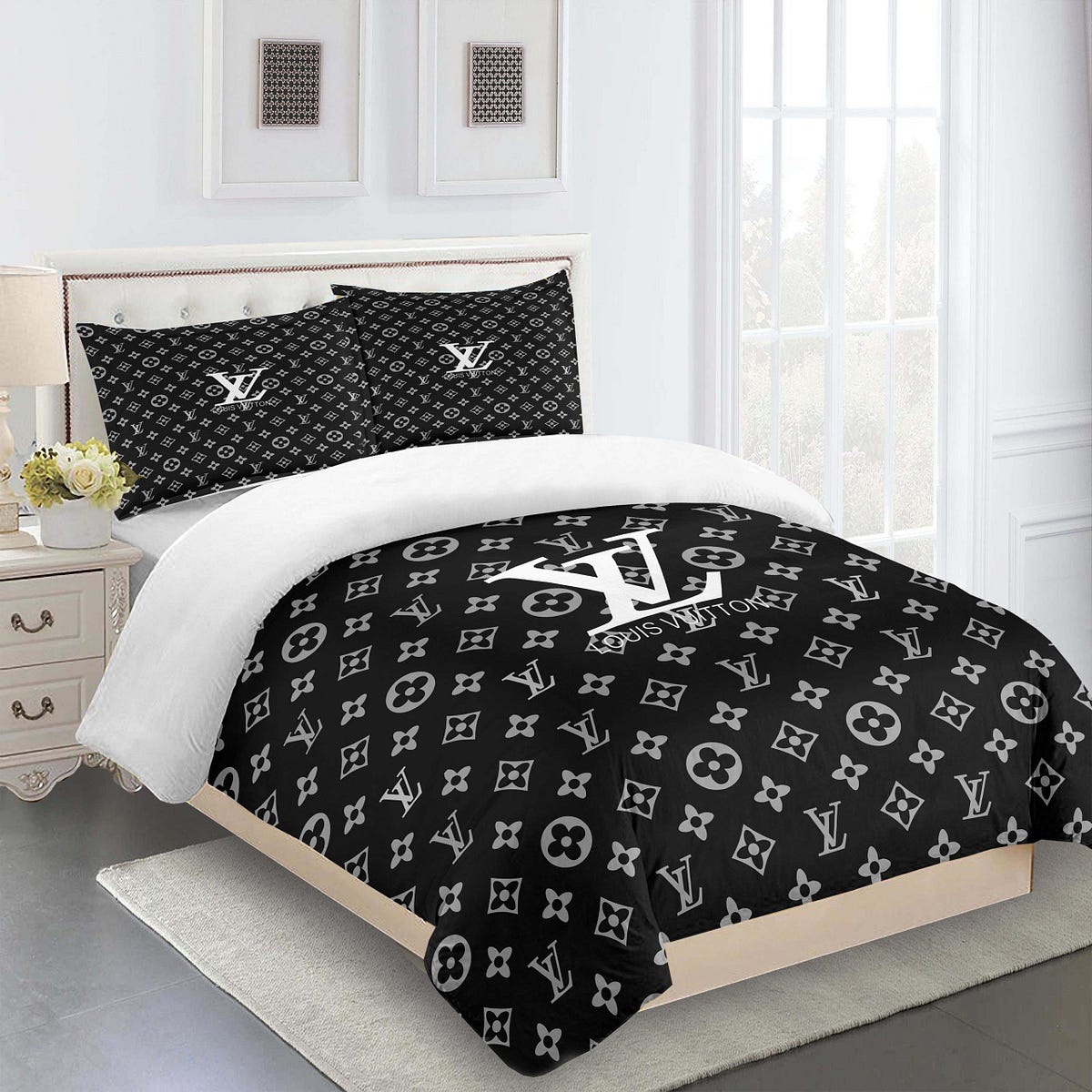 Gray Black White Full Louis Vuitton Logo Brand Bedding Set Luxury Home ...
