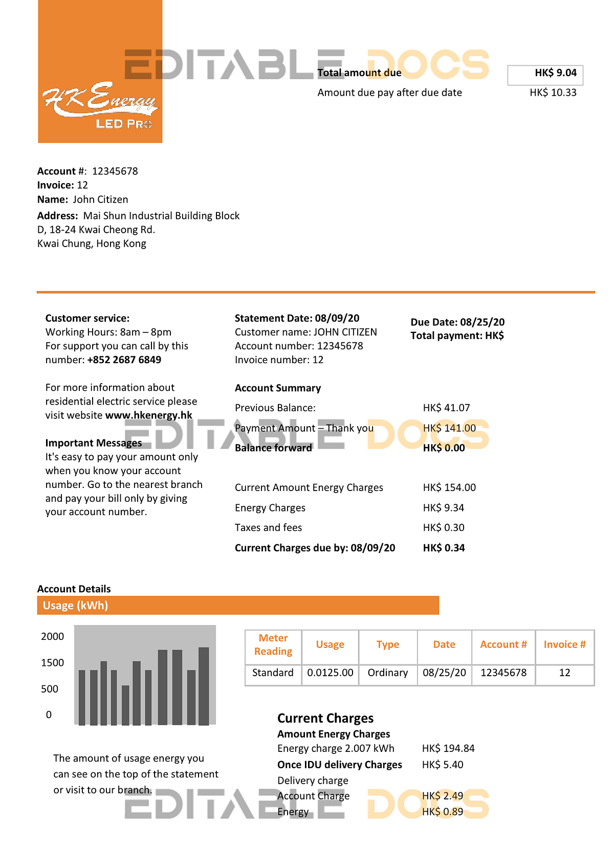 Hong Kong Energy Ltd utility bill template in Word and PDF format ...