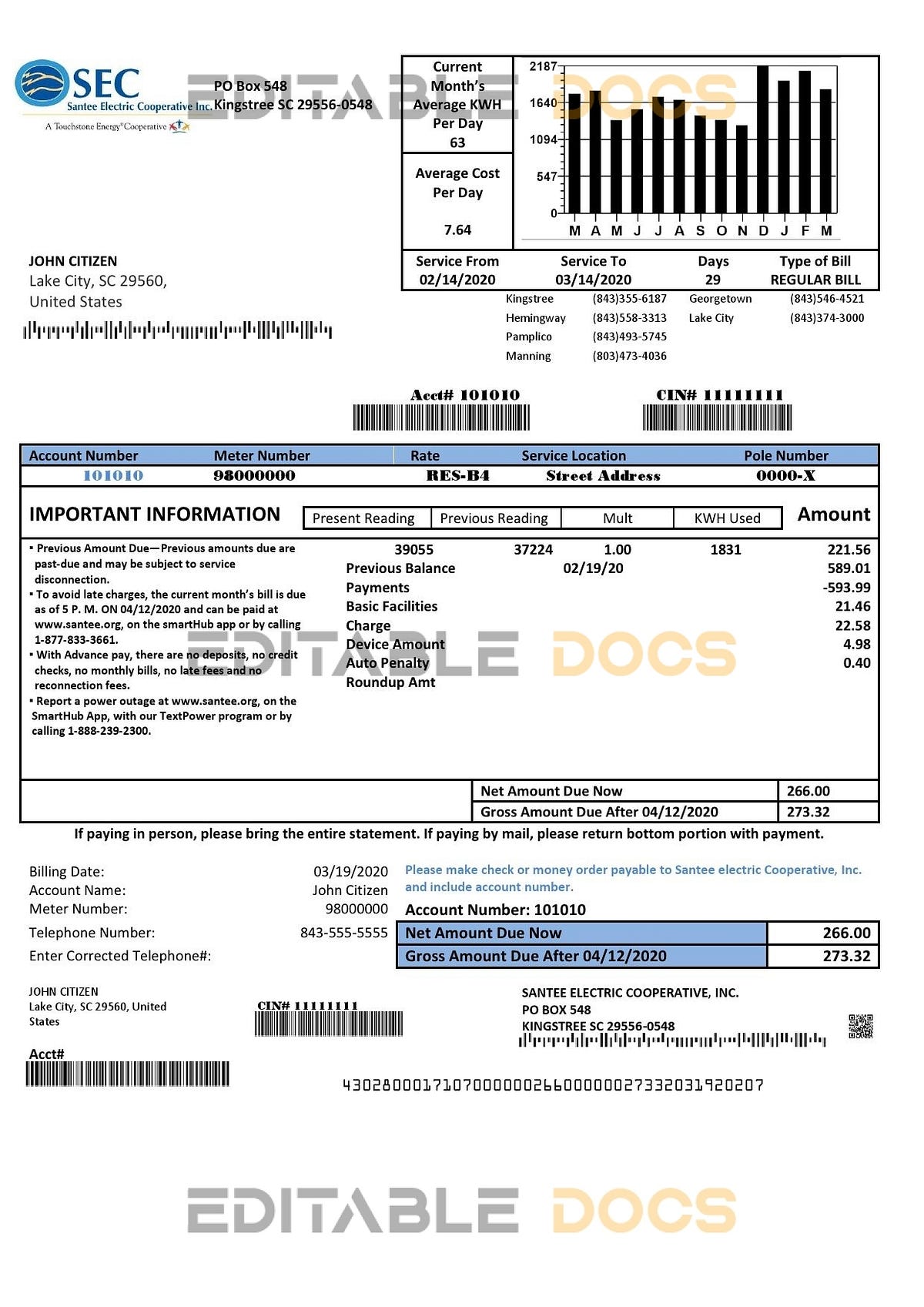 USA South Carolina Santee Electric Cooperative (SEC) proof of address ...