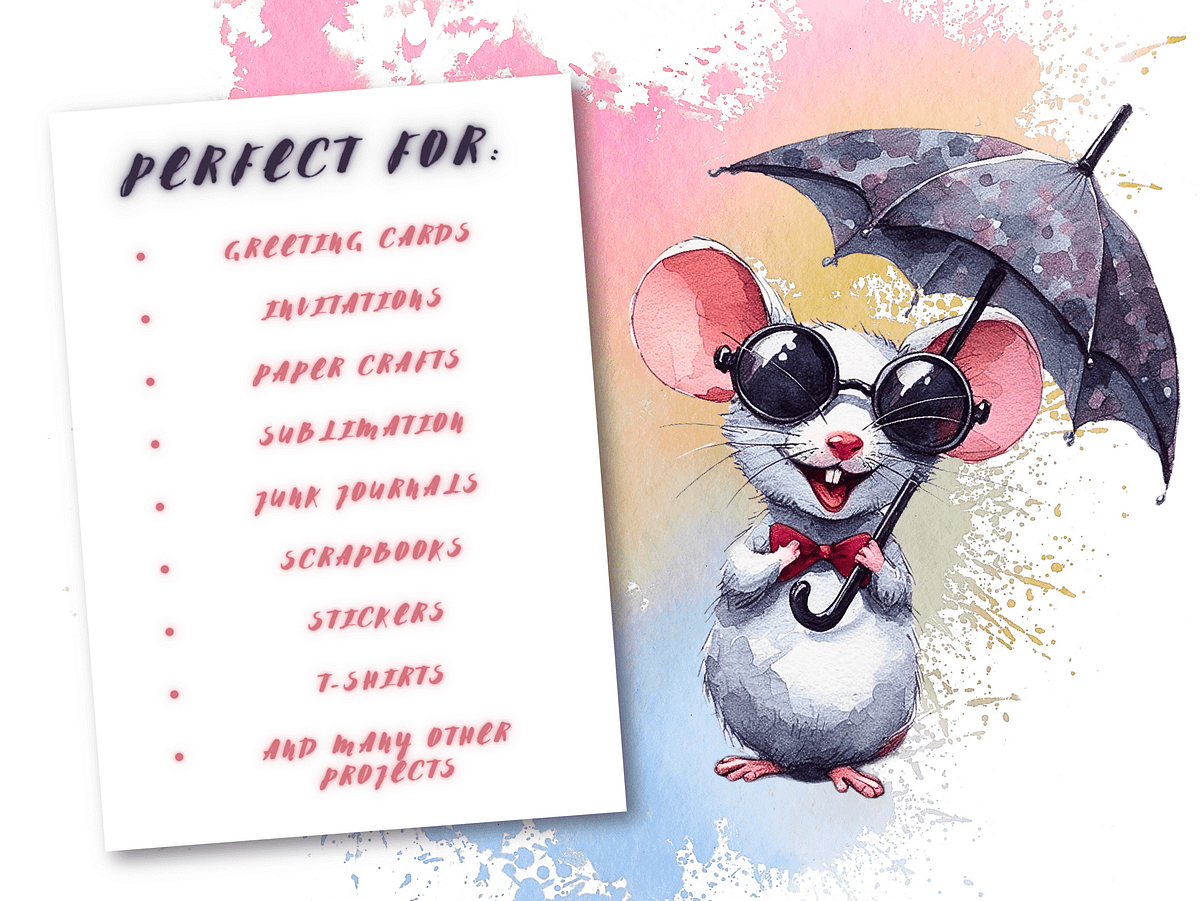 Watercolor Mouse Clipart Funny Mouse Png (Printable Illustrations) | by ...