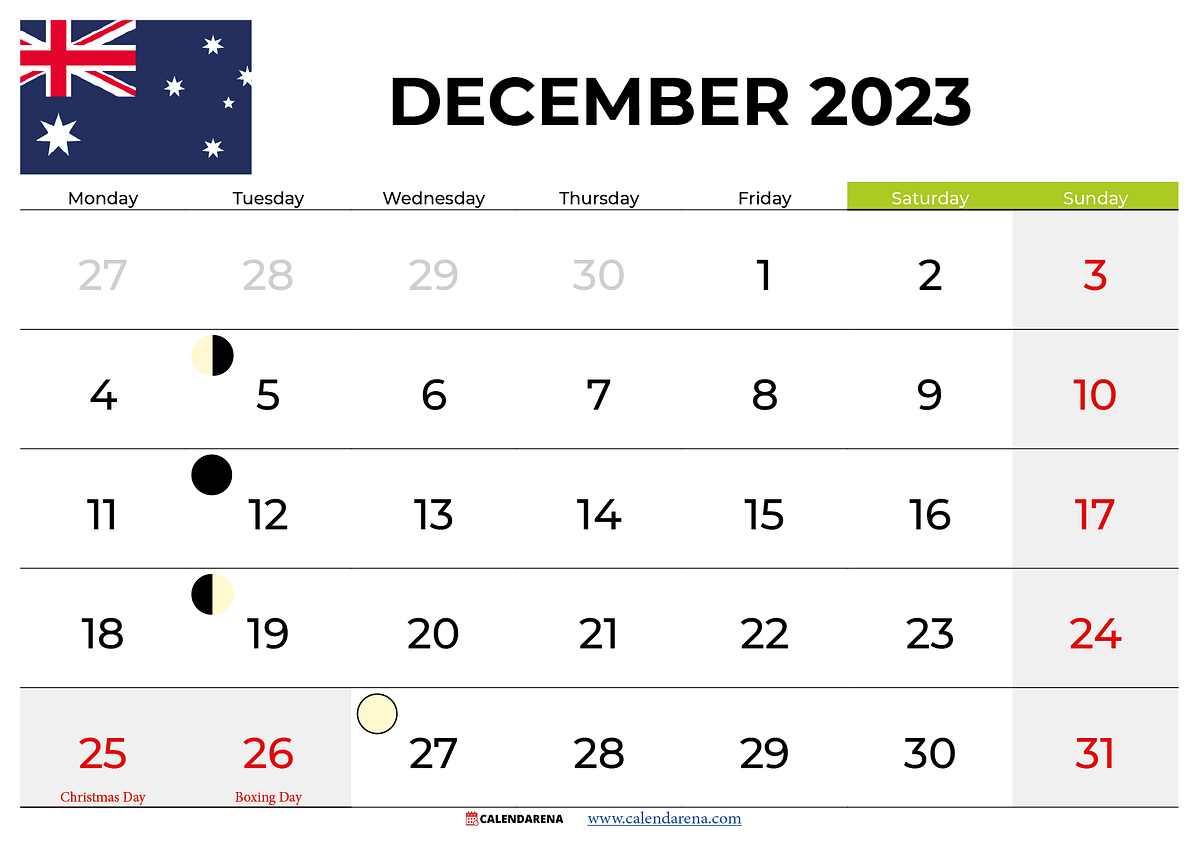 Free December 2023 Calendar Australia with holidays - Calendarena - Medium