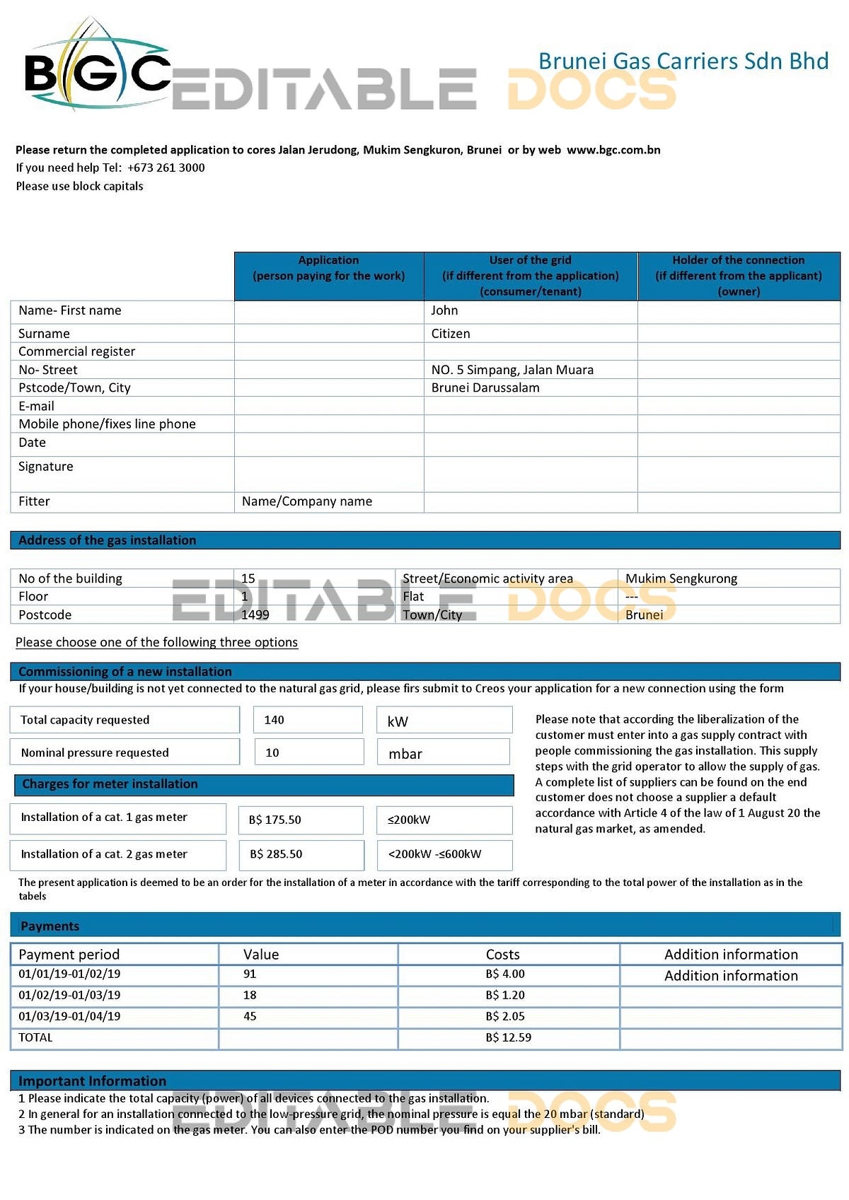 Brunei Gas Carriers gas utility bill template in Word and PDF format ...